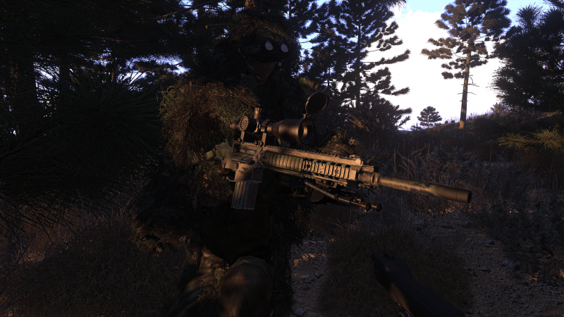 A US Army sniper scanning an AO while the spotter determines range.